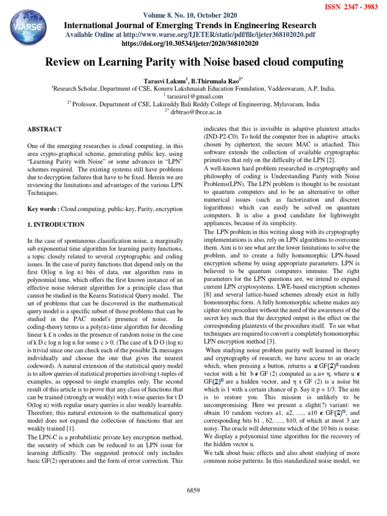 Review On Learning Parity With Noise Based Cloud Computing | PDF ...
