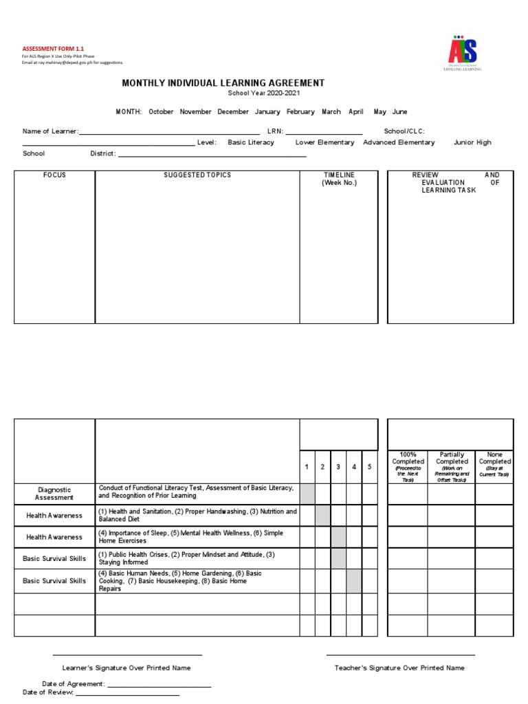 Monthly Individual Learning Agreement: Assessment Form 1.1 | Download ...
