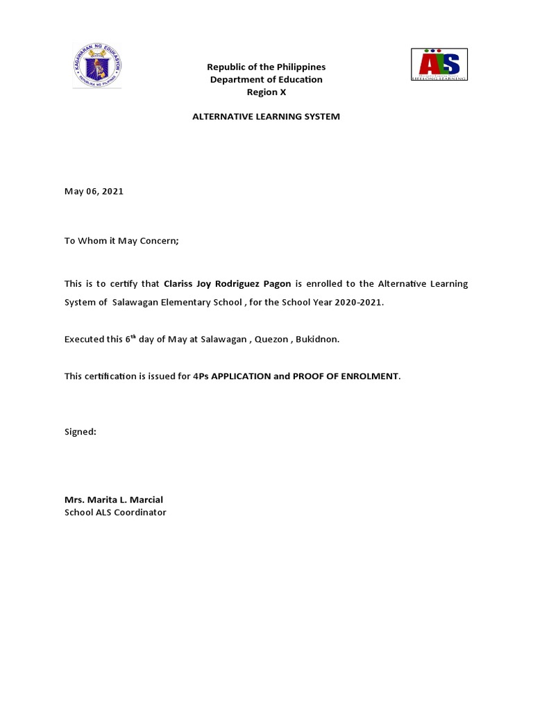 Certificate of Enrolment ALS | PDF