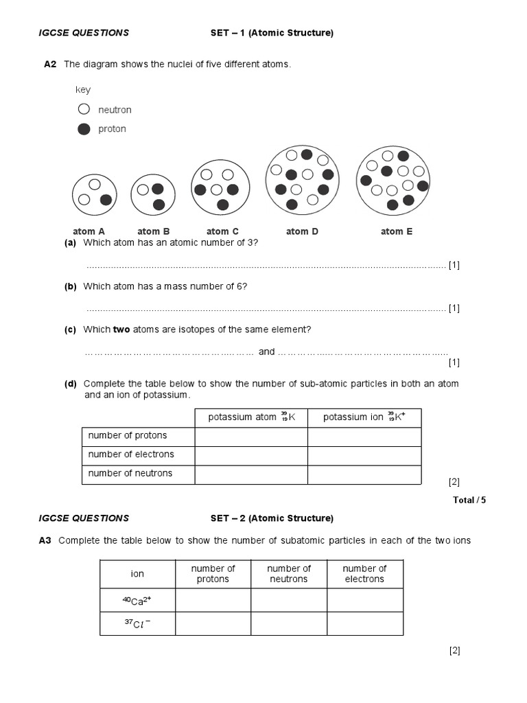 Key Neutron Proton: Igcse Questions Set - 1 (Atomic Structure) | PDF ...