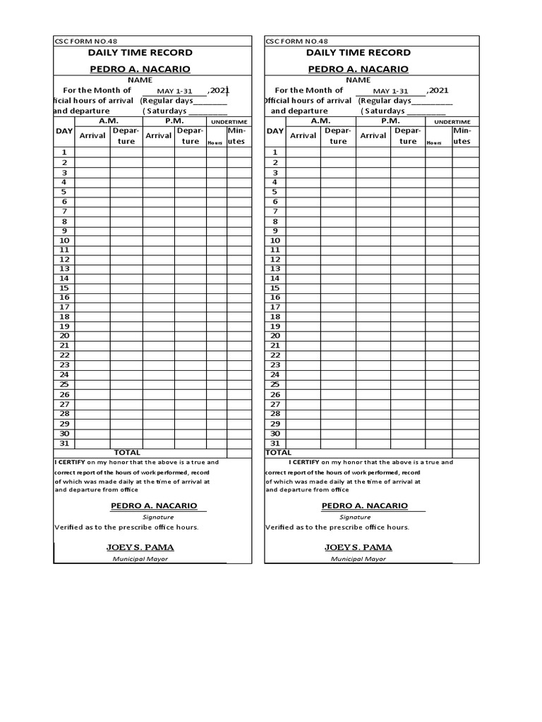 CSC Form 48 Daily Time Record May 2021 | PDF