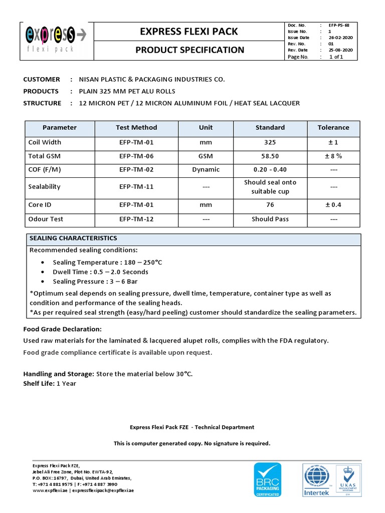 Product Specification - Nisan Plastic - Alupet Rolls | PDF | Industrial ...