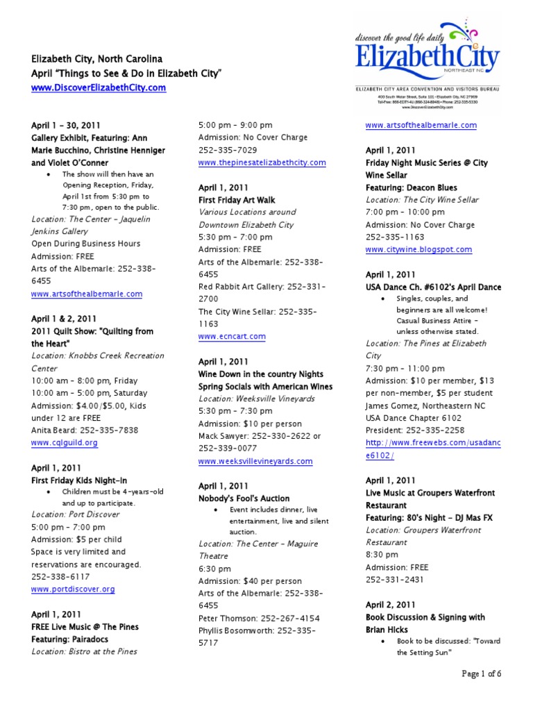 April Events in Elizabeth City NC | PDF | Leisure | Food And Drink