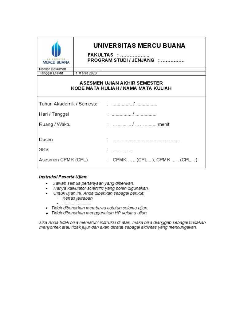 Template Soal UAS Tes Quiz OBE 2019 - Final | PDF | Komputer