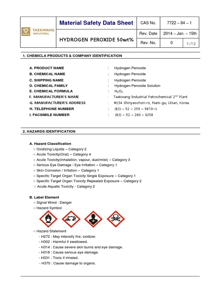 Peroxido Msds | PDF | Toxicity | Firefighting
