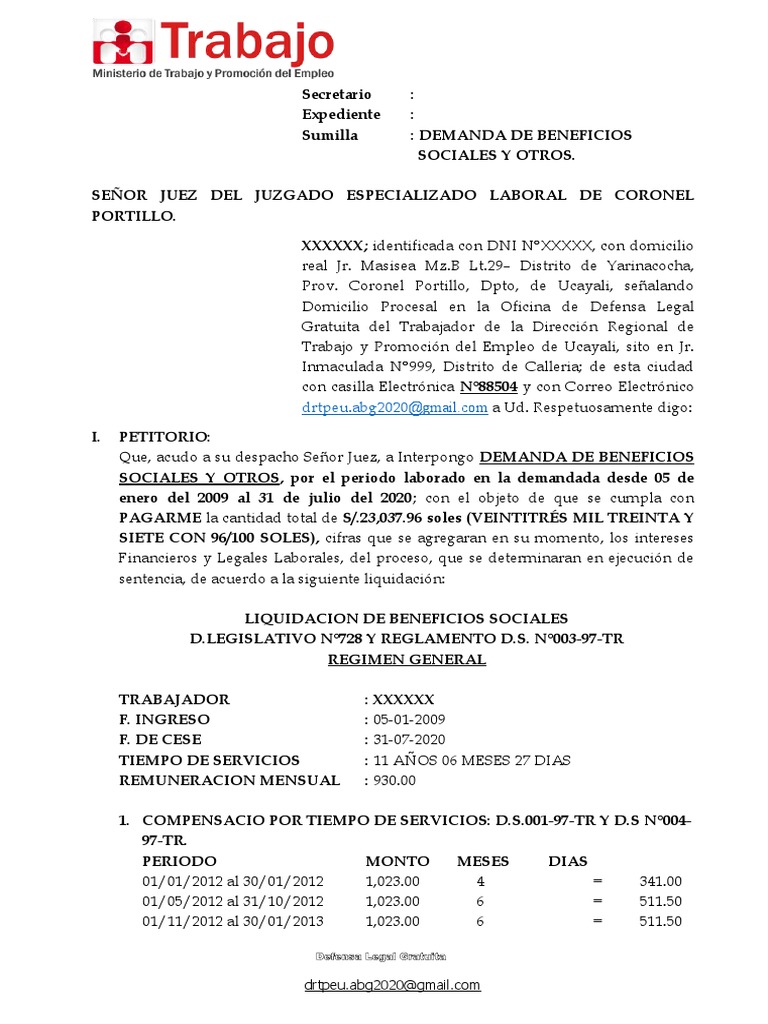 Demanda de Beneficios Sociales | PDF | Derecho laboral | Salario