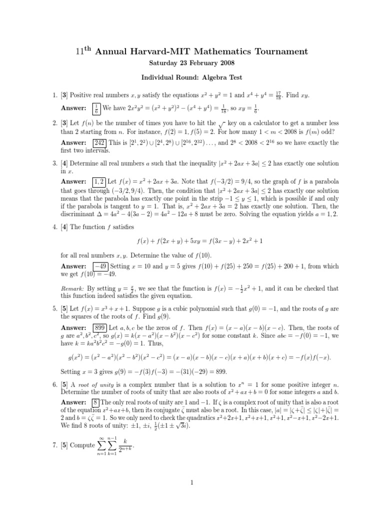 11 Annual Harvard-MIT Mathematics Tournament | Download Free PDF | Zero ...