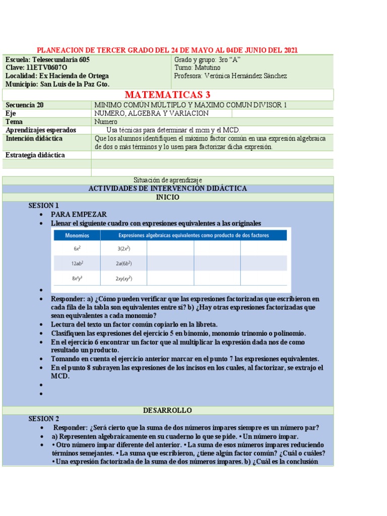 Planeación Matemáticas 3er Grado 2021 | PDF | Factorización ...