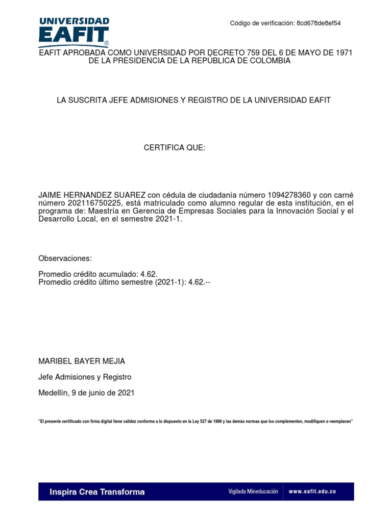 Certificado Promedio EAFIT | PDF