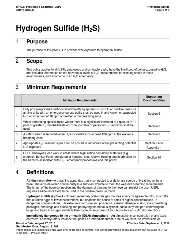 Hydrogen Sulfide (H S) : 1. Purpose 2. Scope | PDF | Personal ...
