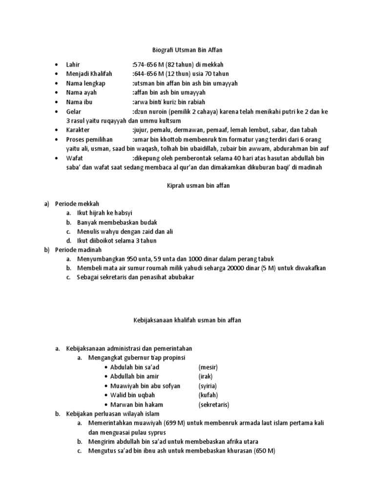 Biografi Singkat Utsman Bin Affan | PDF | Ilmu Sosial | Sejarah