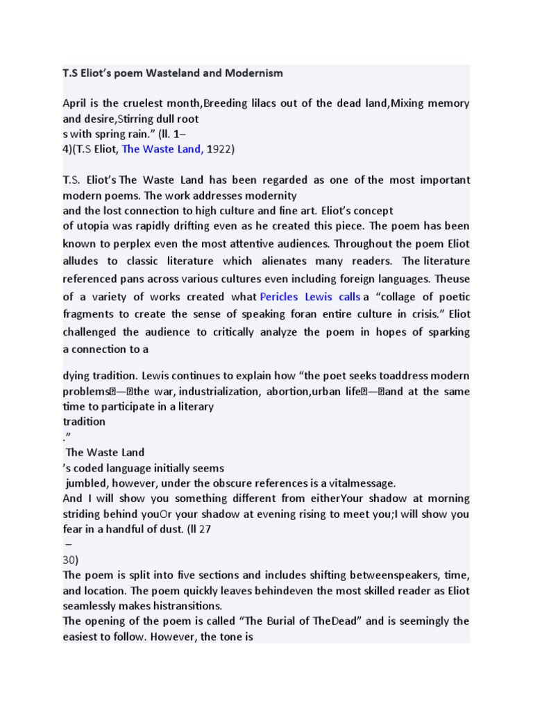 The Wasteland and Modernism Done | PDF | T. S. Eliot | Poetry