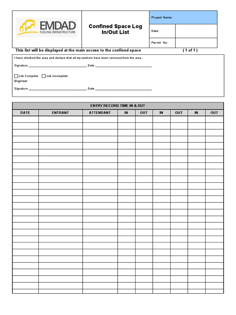 Confined Space Log In-Out List | PDF