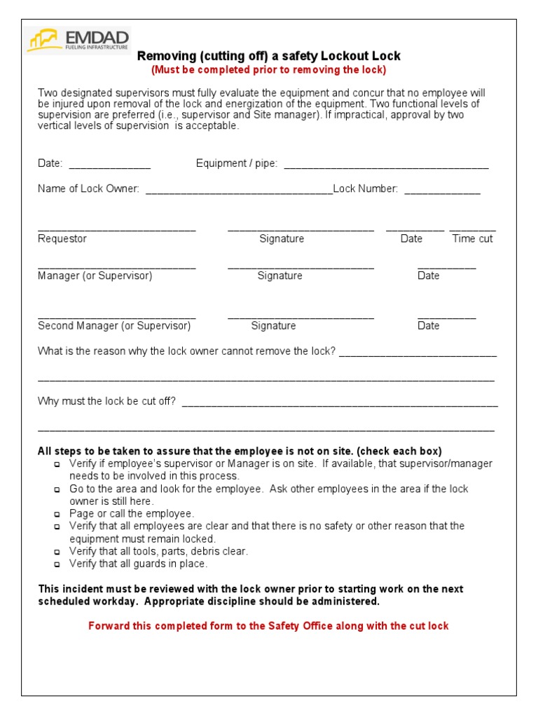 Removing (Cutting Off) A Safety Lockout Lock: (Must Be Completed Prior ...