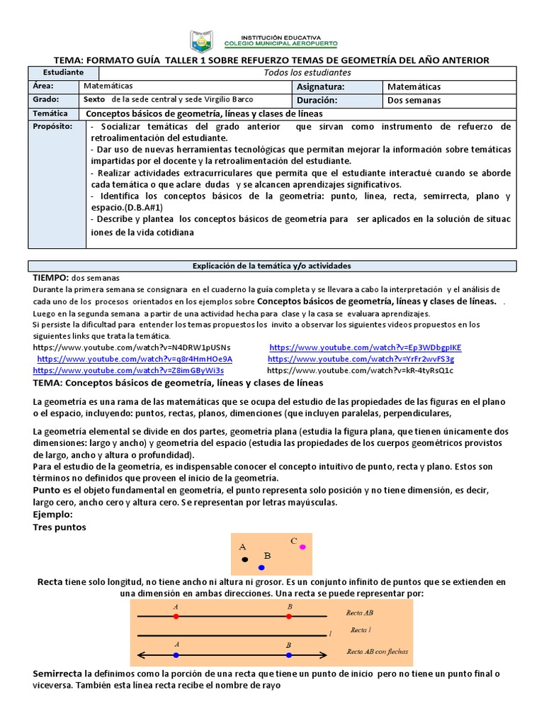 Formato Guía Taller Sobre Conceptos Básicos de La Geometría, Líneas y ...