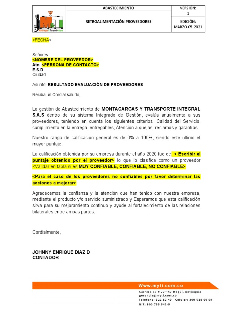 Formato Carta Retroalimentacion Proveedores | PDF