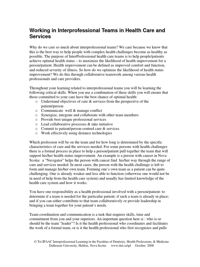 Working in Interprofessional Teams in Healthcare and Services | PDF ...