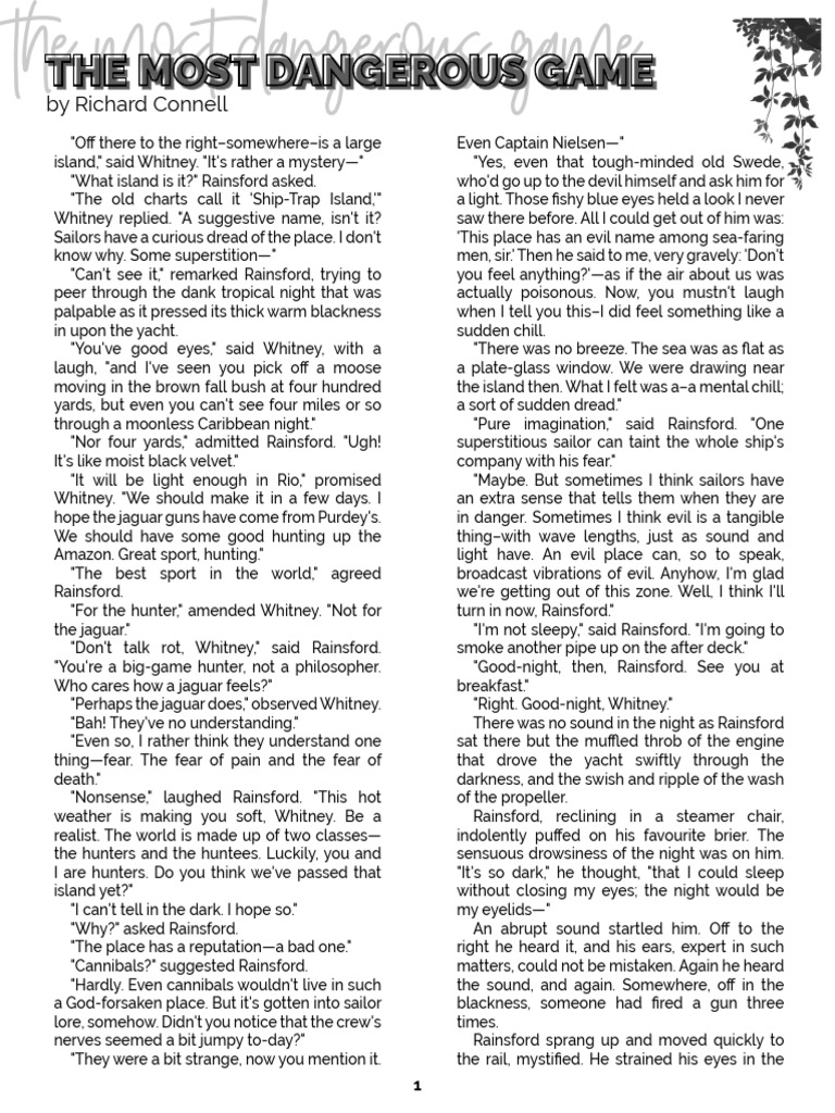 The Most Dangerous Game: by Richard Connell | PDF | Nature