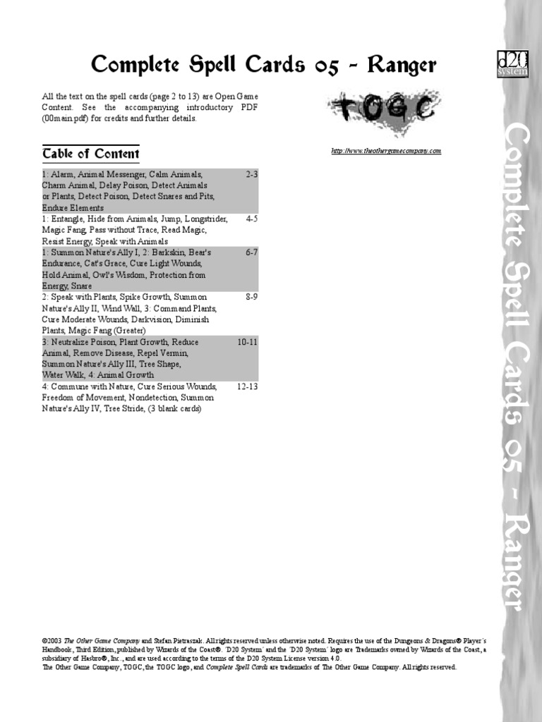 Complete Spell Cards 05 - Ranger: Table of Content | PDF | Wizards Of ...