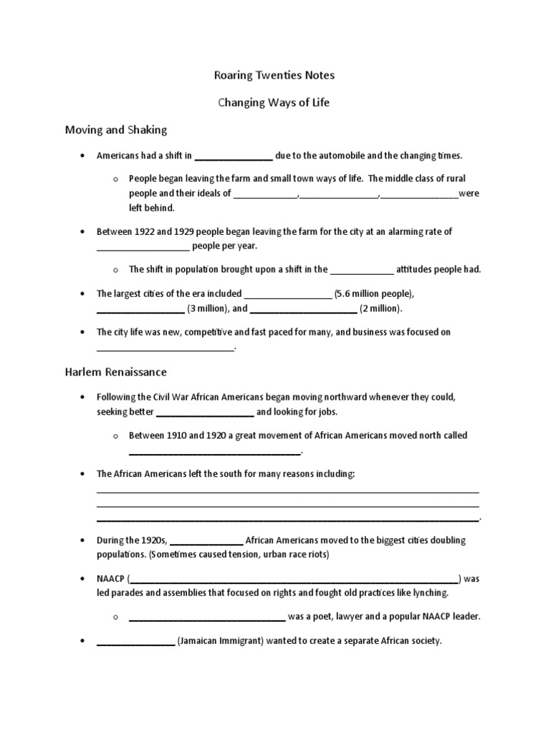 Roaring Twenties Notes Changing Ways of Life Moving and Shaking | PDF ...