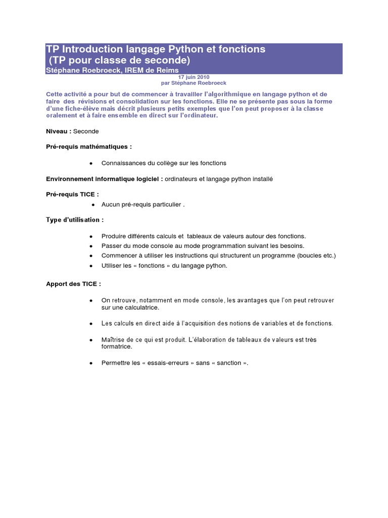 TP Introduction Langage Python Et Fonctions (TP Pour Classe de Seconde ...