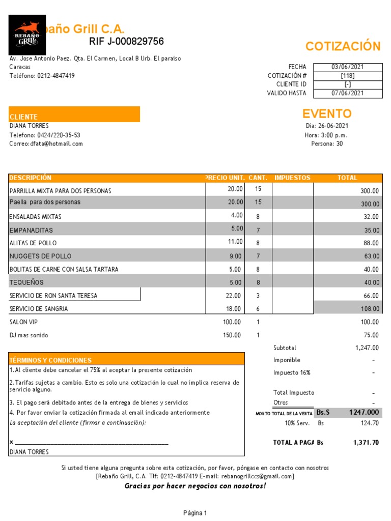Cotizacion SALON VIP 30 Personas Diana Torres | PDF | Business