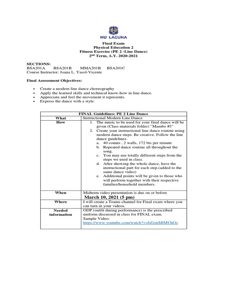 PE 2 Line Dance Final Exam Guidelines | PDF | Dances | Test (Assessment)