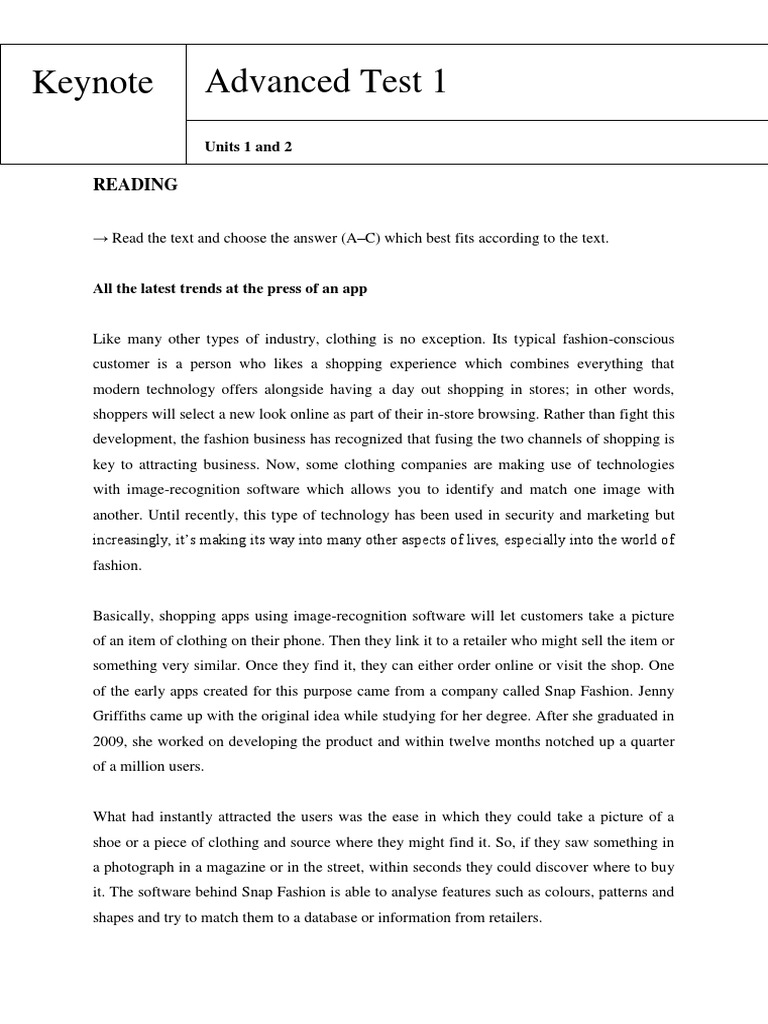 Advanced Test 1 Keynote: Reading | PDF | Retail | Computer Vision