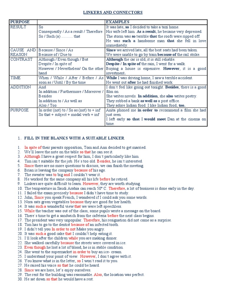 Linkers and Connectors Exercises Guide | PDF | Language Arts ...