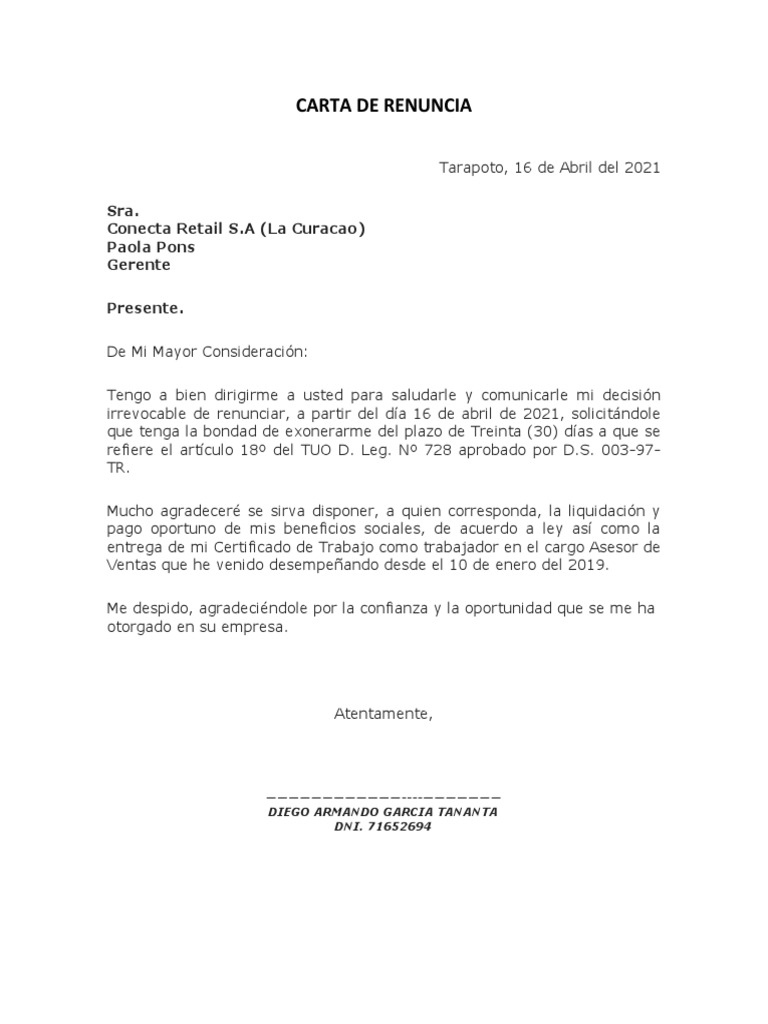 Carta de Renuncia Inmediata | PDF