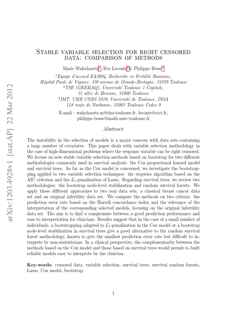 Stable Variable Selection For Right Censored Data: Comparison of ...