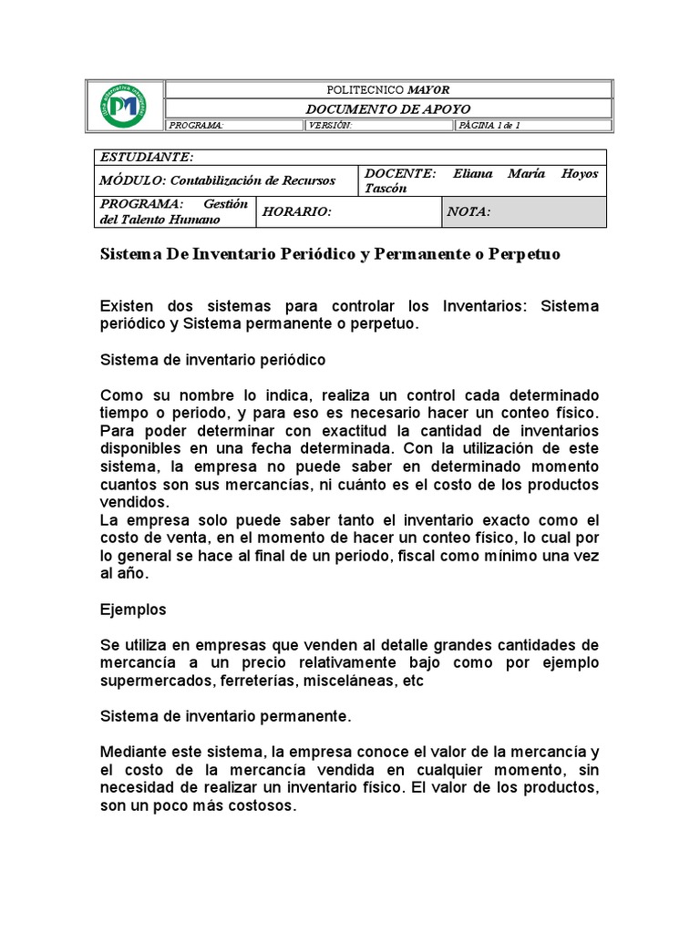 Sistema de Inventario Periodico y Permanente o Perpetuo | PDF ...