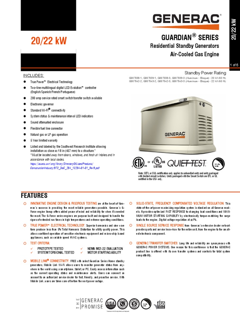 20 and 22kw Spec Sheet Generac New - 2 | PDF | Electric Generator ...