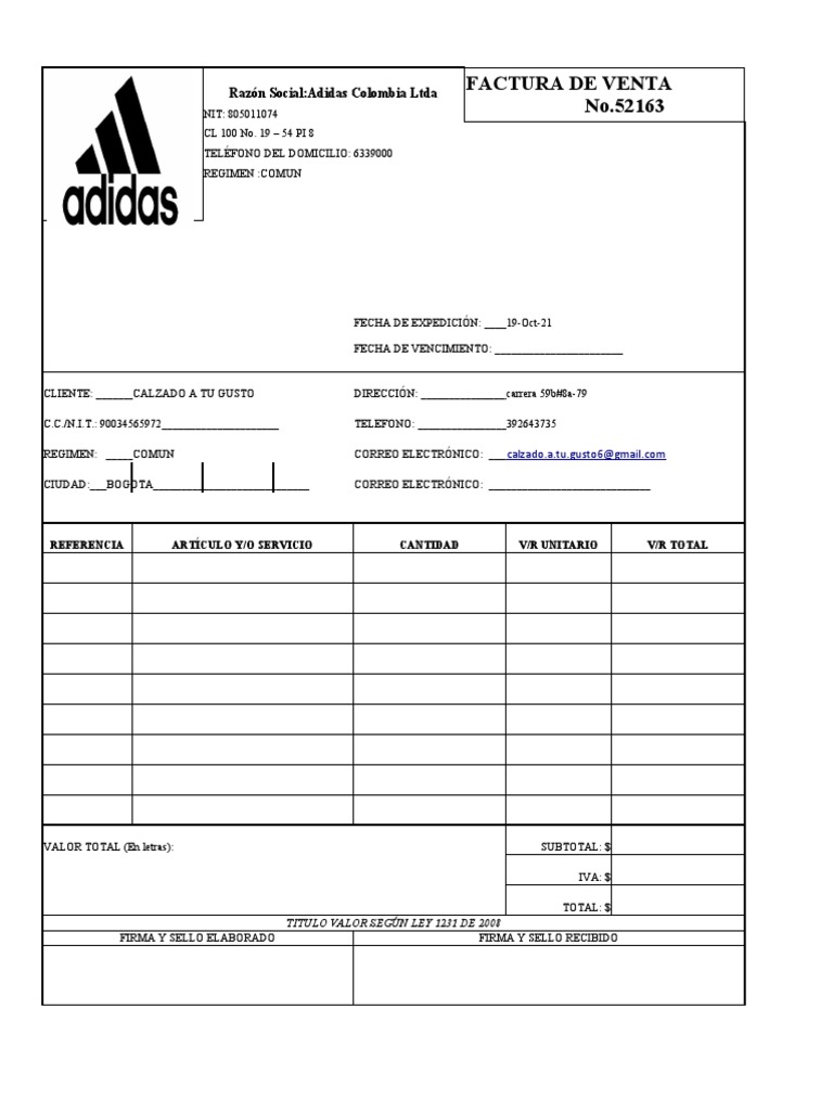 Factura de Venta Adidas | PDF