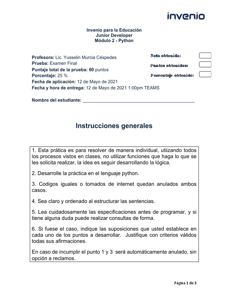 Examen Final Modulo 1 - Python | PDF | Python (lenguaje de programación) | Programa de computadora