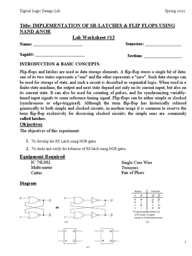 Title: Implementation OF Sr-Latches & Flip Flops Using Nand &nor Lab Worksheet #12 | PDF | Logic ...