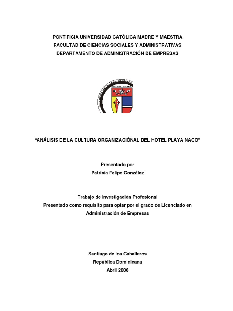 Análisis de La Cultura Organizacional Del Hotel Playa Naco (2006) | PDF ...