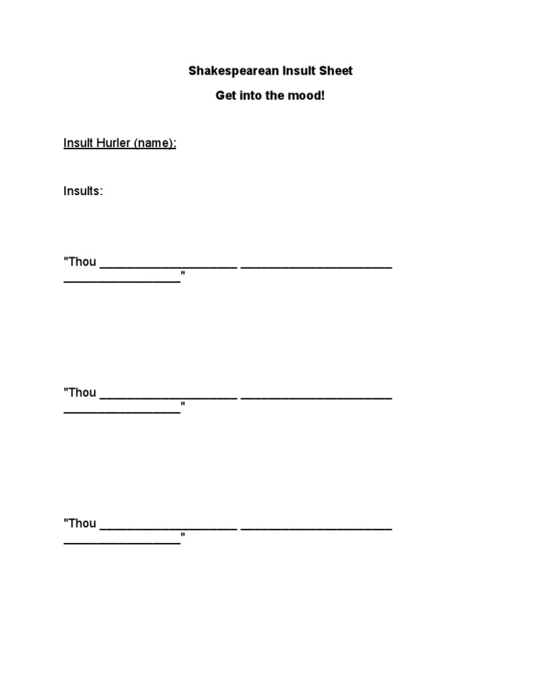 Insult Hurler (Name) :: Shakespearean Insult Sheet Get Into The Mood! | PDF