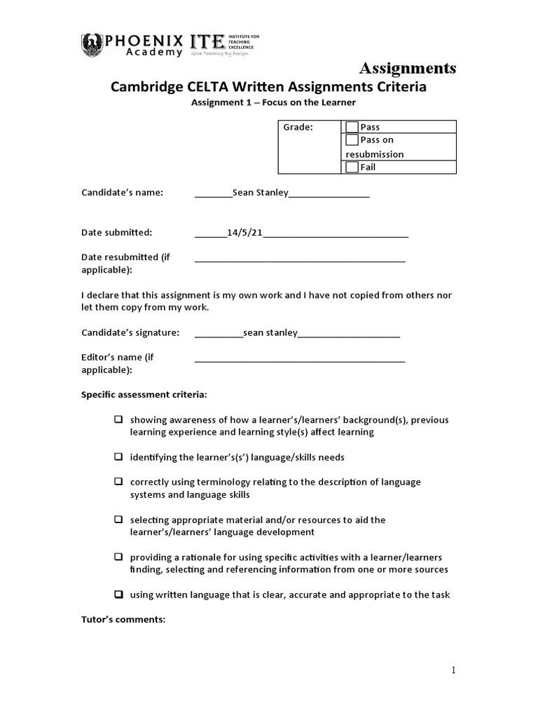 Cambridge CELTA Written Assignments - Assignment 1 - Final | PDF ...