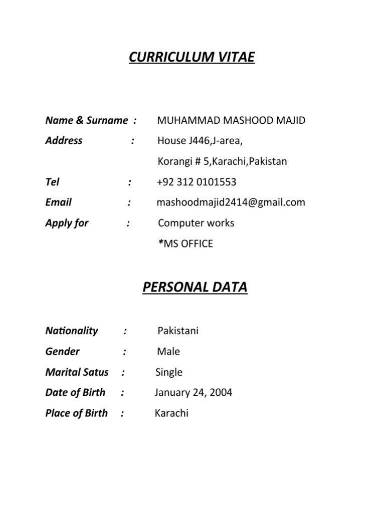 Curriculum Vitae: Korangi # 5, Karachi, Pakistan | PDF