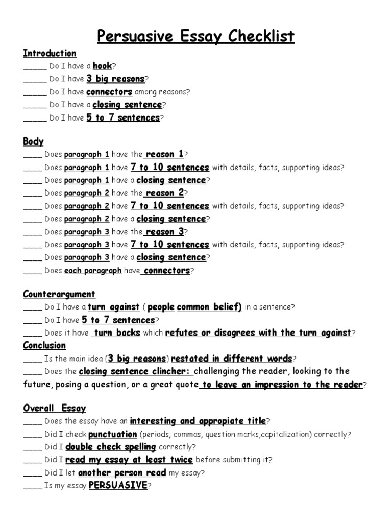 Persuasive Essay Checklist | PDF
