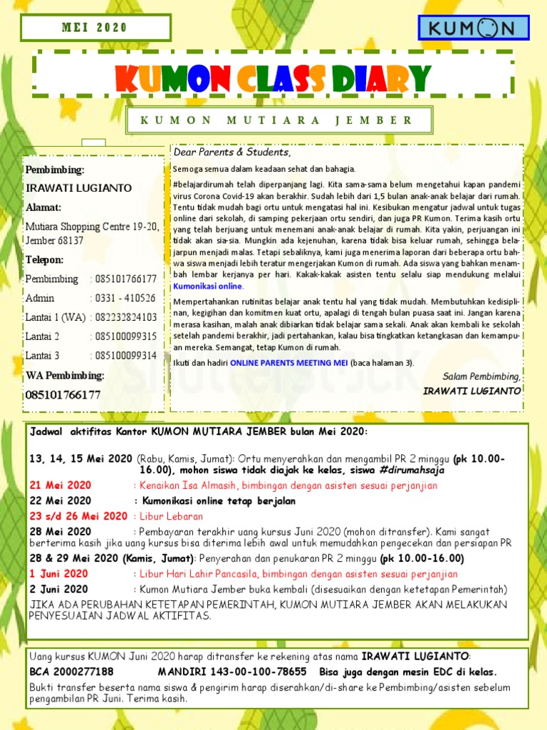 KUMON Class Diary Mei 2020 | PDF | Pengembangan Diri