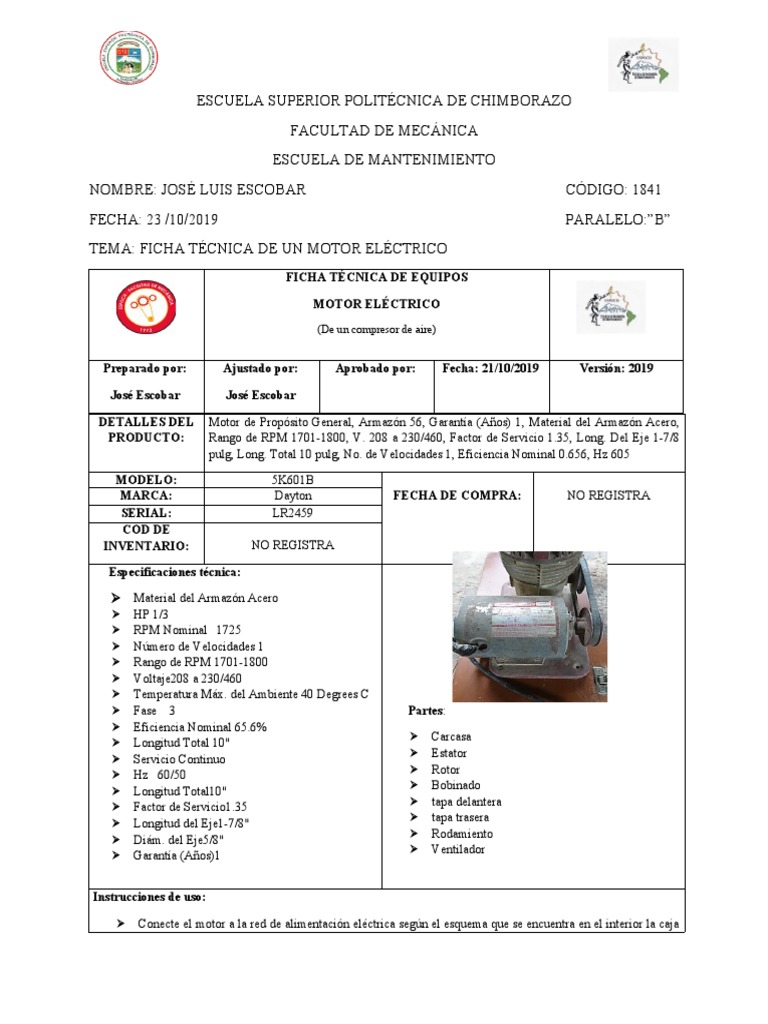 Ficha Técnica de Un Motor Eléctrico | PDF | Motor eléctrico | Pistón