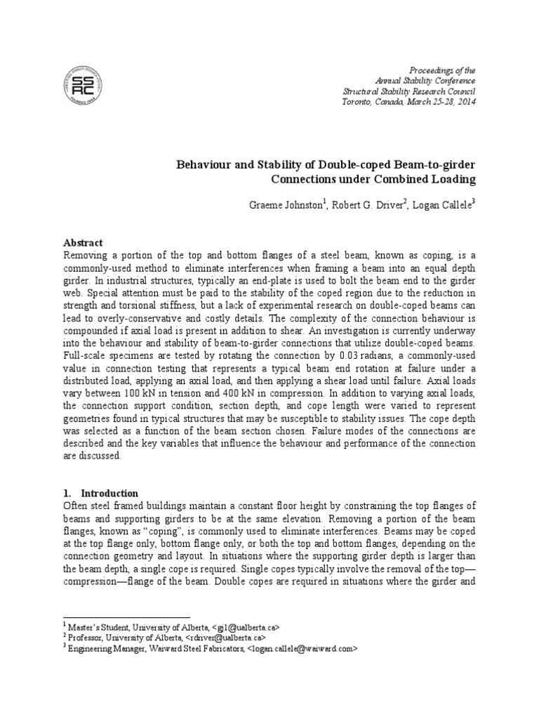 Behaviour and Stability of Double Coped Beam To Girder Connections ...