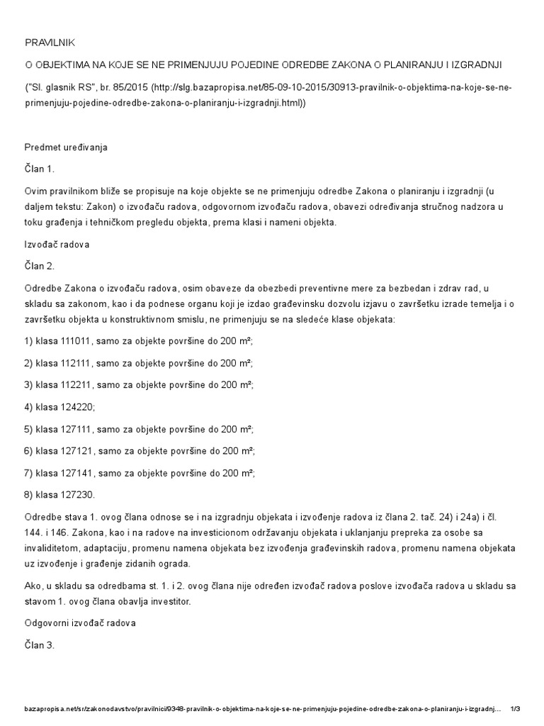 Pravilnik o Objektima Na Koje Se Ne Primenjuju Pojedine Odredbe Zakona ...
