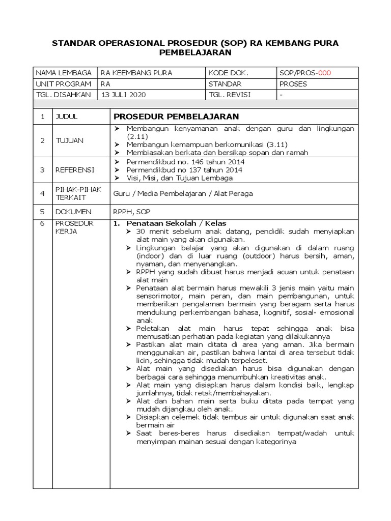 Standar Operasional Prosedur (Sop) Ra Kembang Pura Pembelajaran | PDF