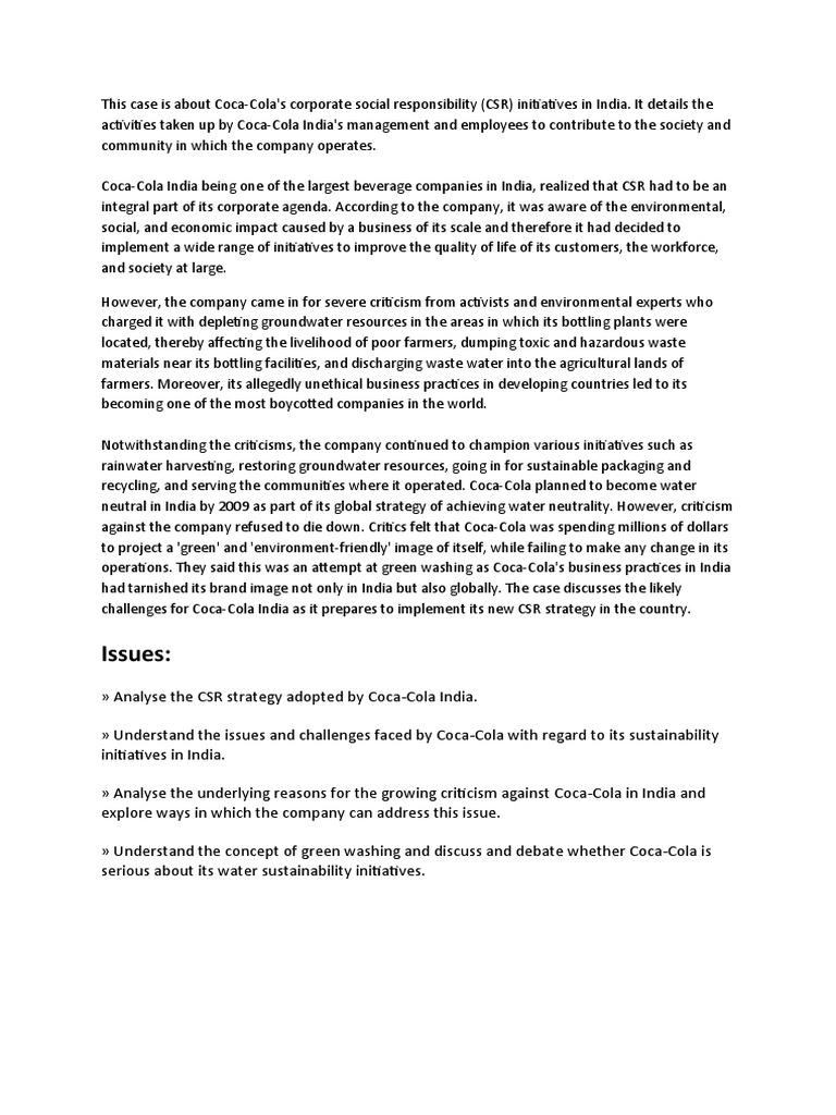Coco Cola CSR Case Study | PDF | Coca Cola | Corporate Social ...