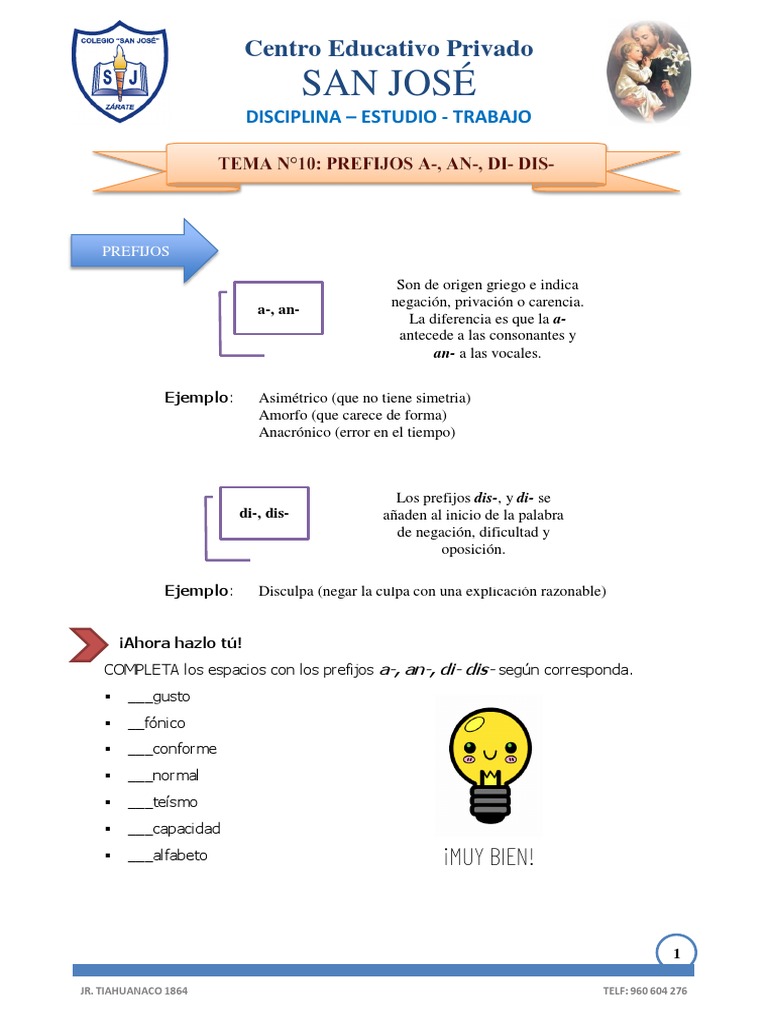 Ejercicios de Prefijos: di, dis, a, an | PDF