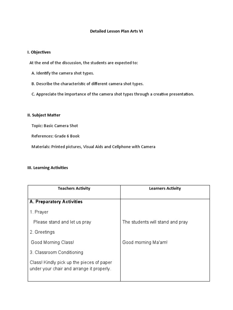 Detailed Lesson Plan Arts VI | PDF | Lesson Plan | Close Up Detailed Lesson Plan Arts VI | PDF | Lesson Plan | Close Up