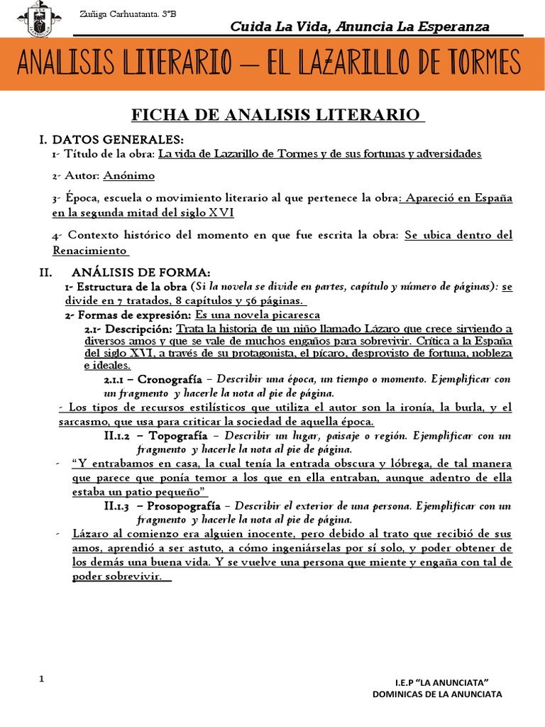 ANALISIS-LITERARIO-EL-LAZARILLO-DE-TORMES - Miriam Zuñiga-3°b | PDF